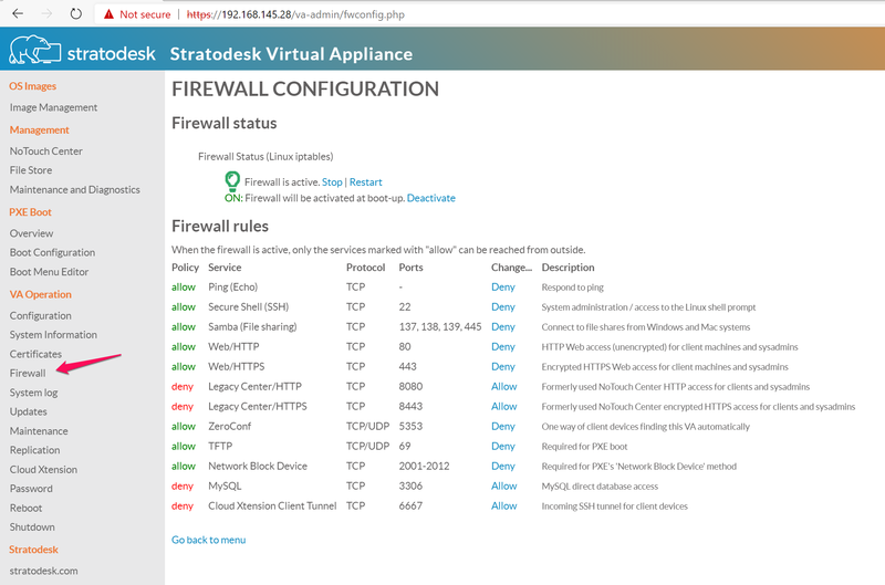 Configuring the Firewall on the Stratodesk Virtual Appliance